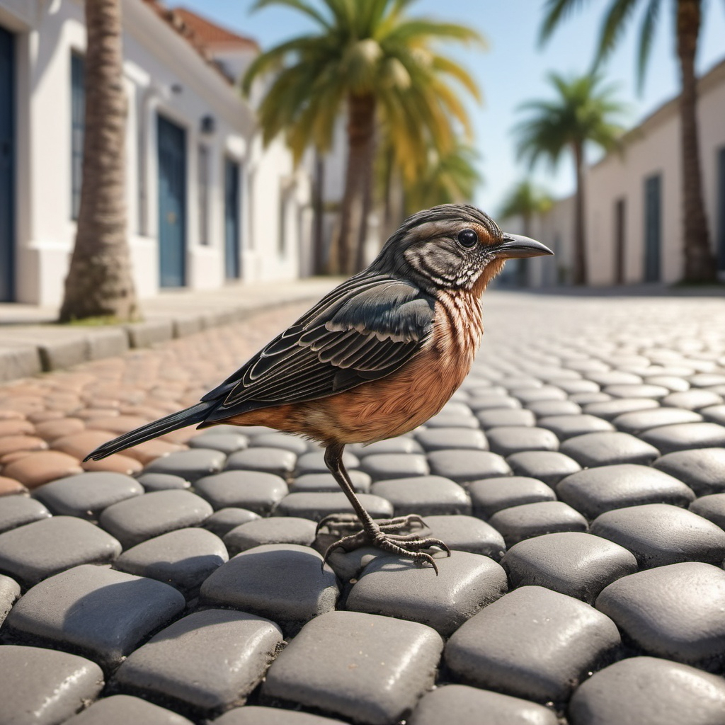highly detailed little bird on a cobble street with...