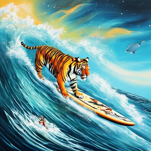 Painting style realistic tiger on a surfboard surfin...