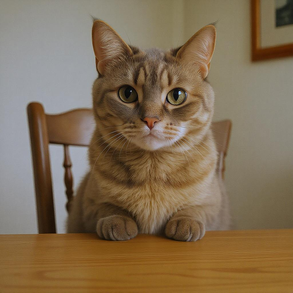 A cat sitting in a table