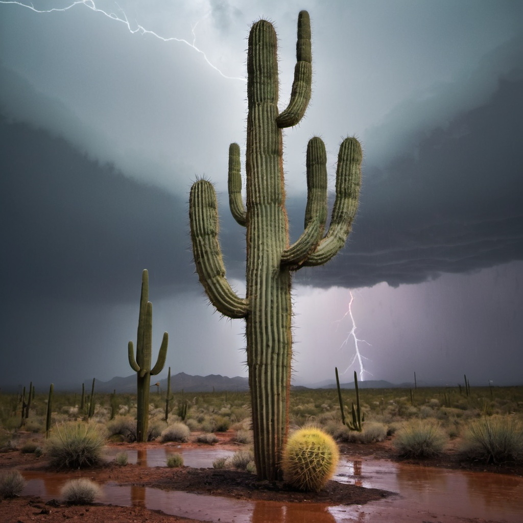 tall single cactus in rainstorm