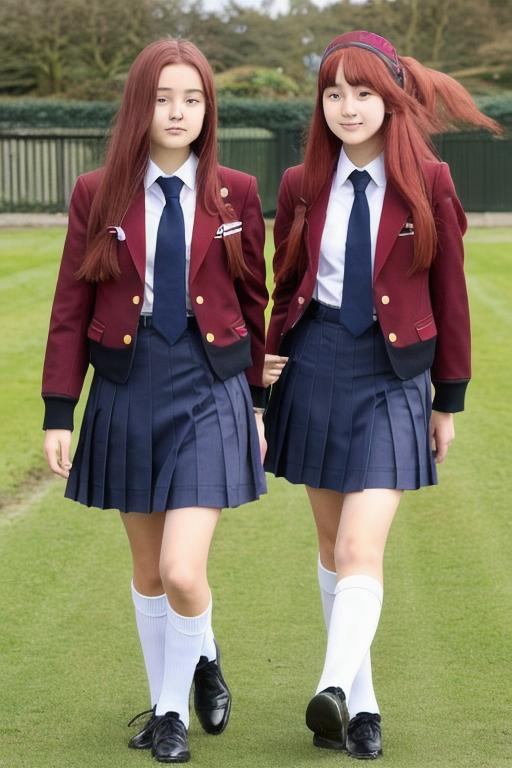 Two girls 17yo, British school uniform, ruby hair,
