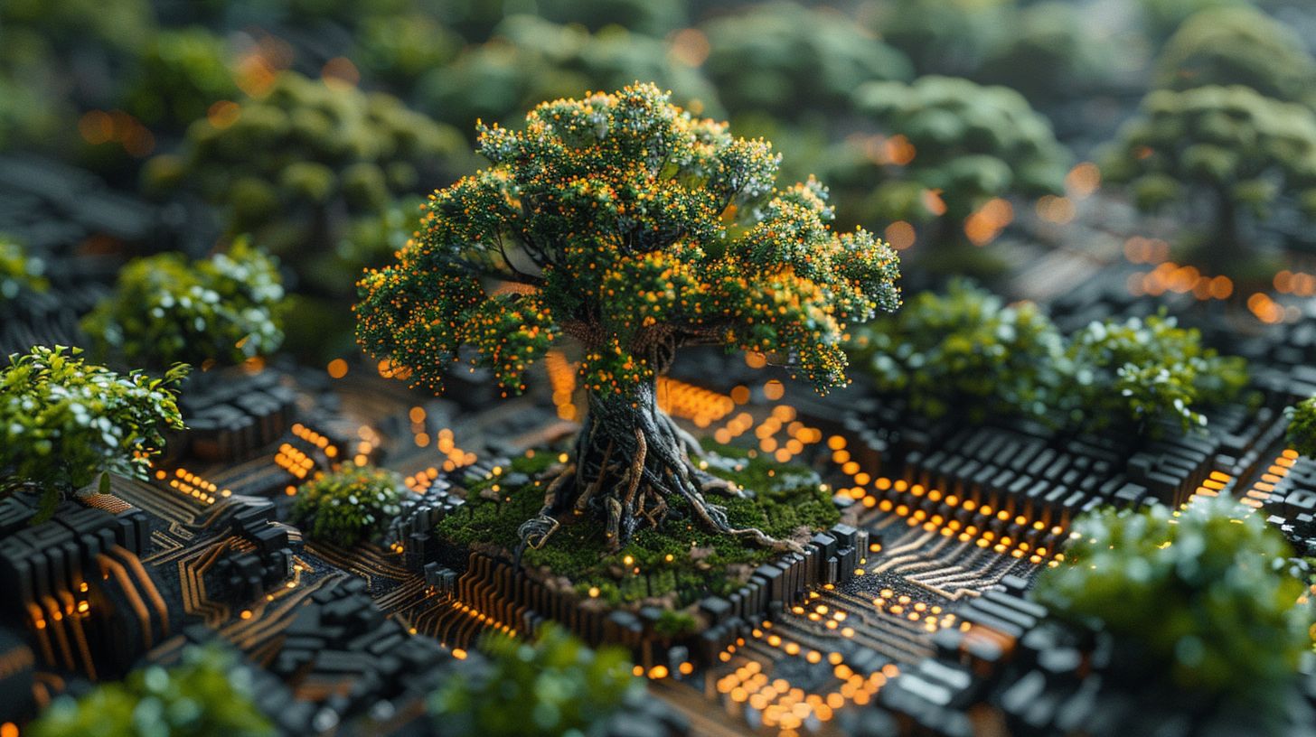 surreal circuit board landscape with binary trees an...