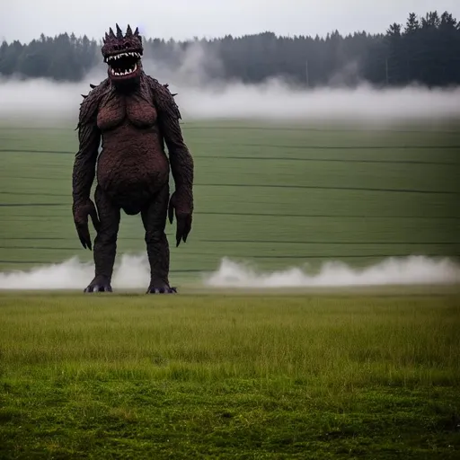t-rex monster in a field with mist shooting lasers | OpenArt