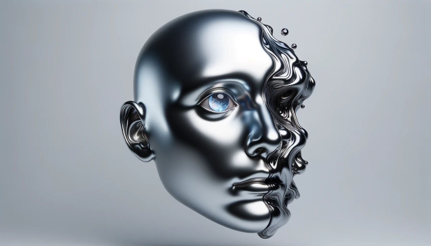 A fluid, chrome-like humanoid face is caught in the...