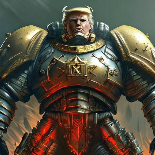 Donald Trump in full Warhammer power armour, realis...