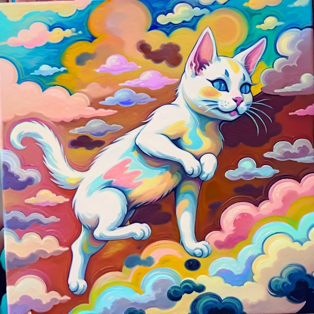 Oil painting of a white cat playing on colorful past...