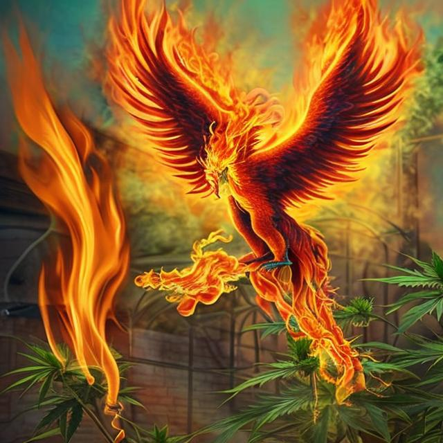 Realistic picture of a flaming phoenix flying over c...