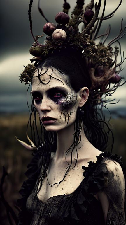 Beautiful Lilith, wearing a worn black dress, at the...