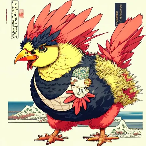 fat chocobo, ukiyo-e, high-quality, digital art, viv...