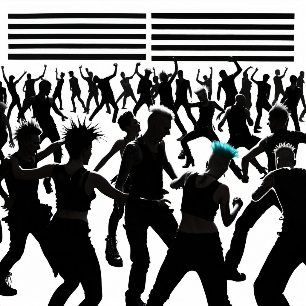 A huge group of punk dancing in front of a totally w...