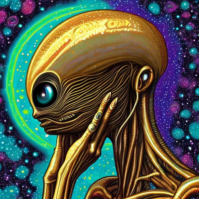gold skinned alien crying while gazing at the stars...