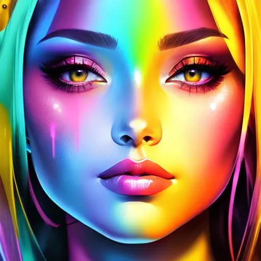 female face dripping paint in rainbow colors, facia...
