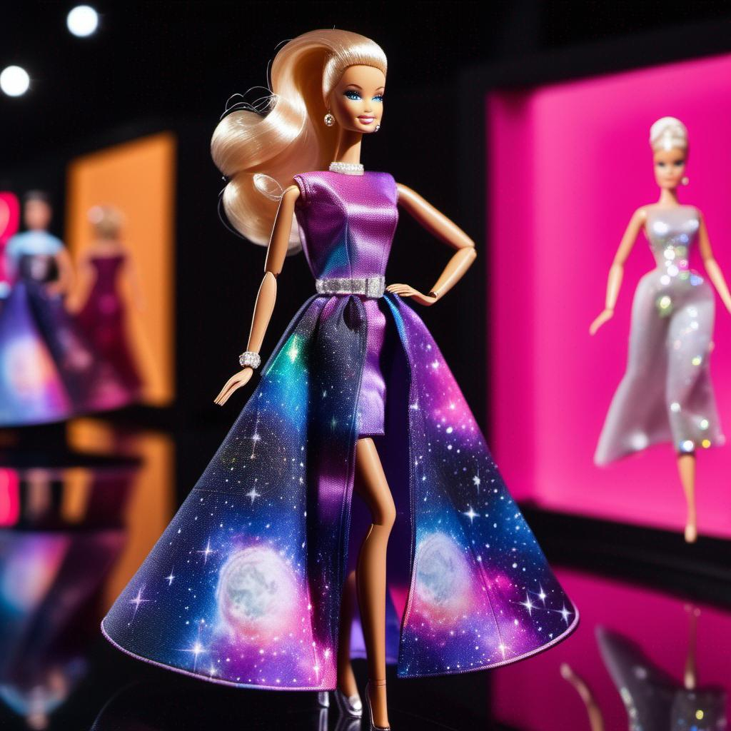 a woman wearing outer space as a dress, Barbie
