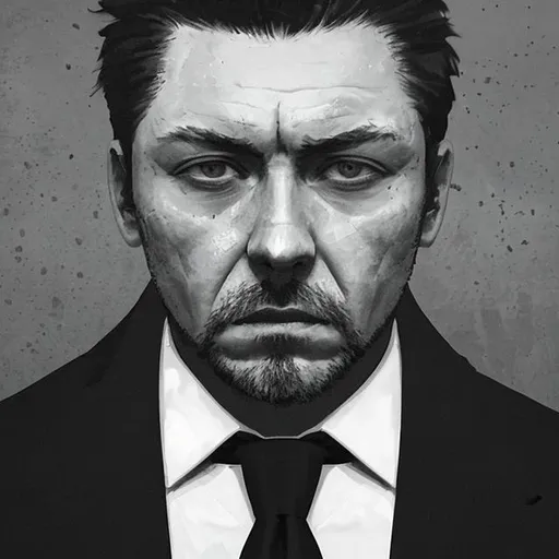 The image showcases a stark, monochromatic mugshot-s... | OpenArt