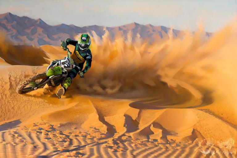 oil painting motocross sand dunes, beautiful day, ex... | OpenArt