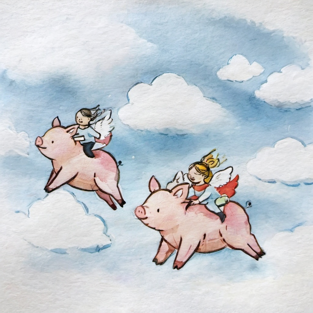 Men and women flying atop pigs with wings in a fluff...
