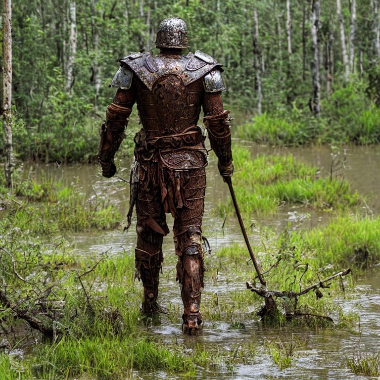 Ancient warrior in rusty armor walking in the swamp,... | OpenArt