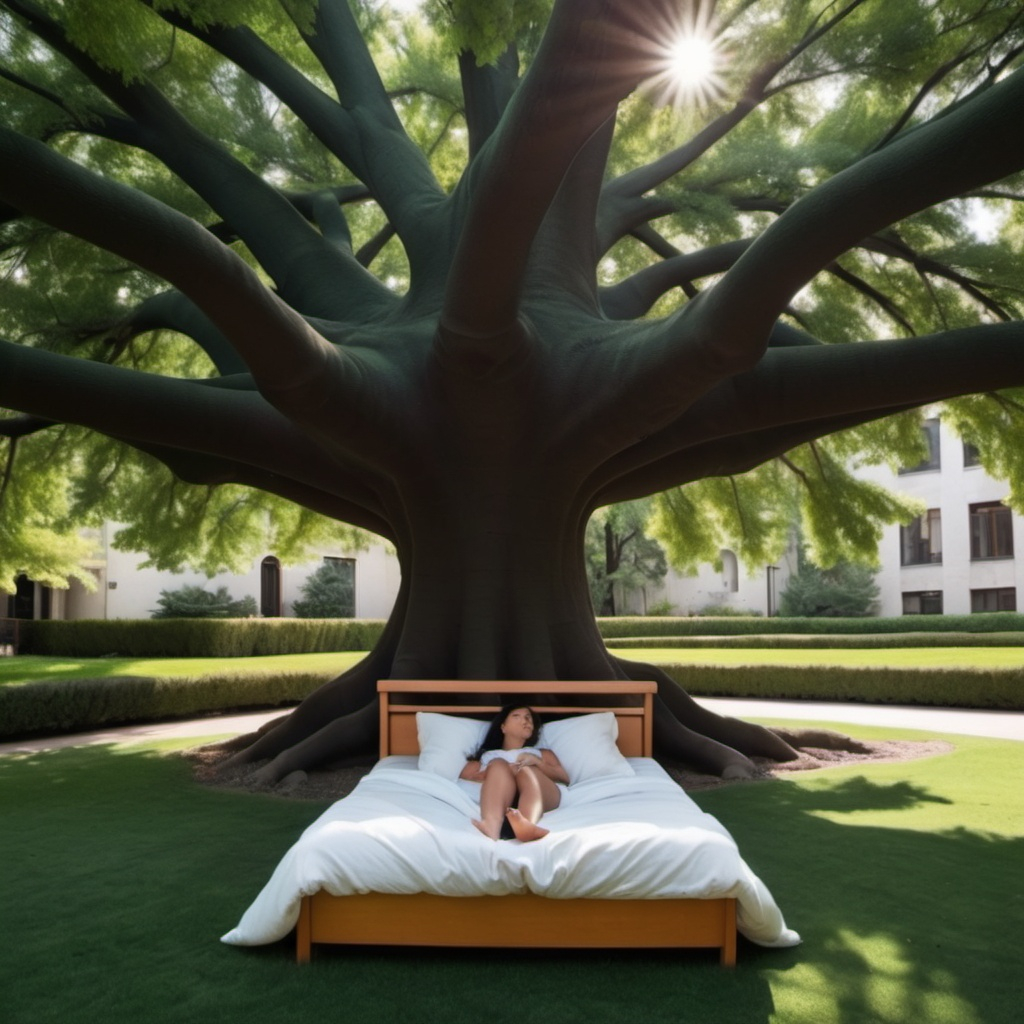 There's a huge bed that a tree is in the middle of t...