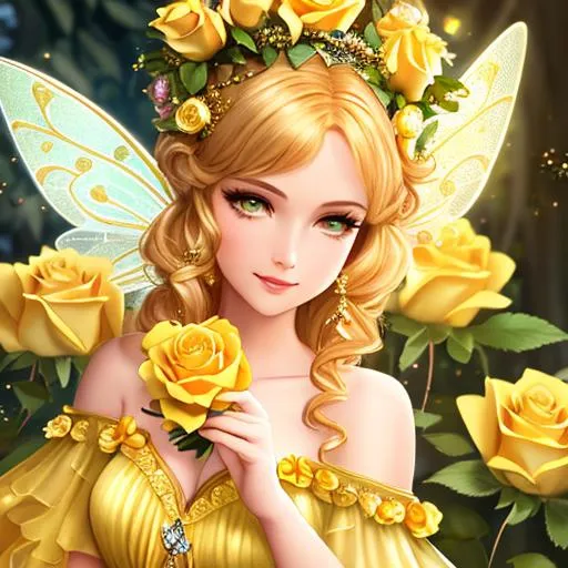 fairy goddess, yellow roses, closeup