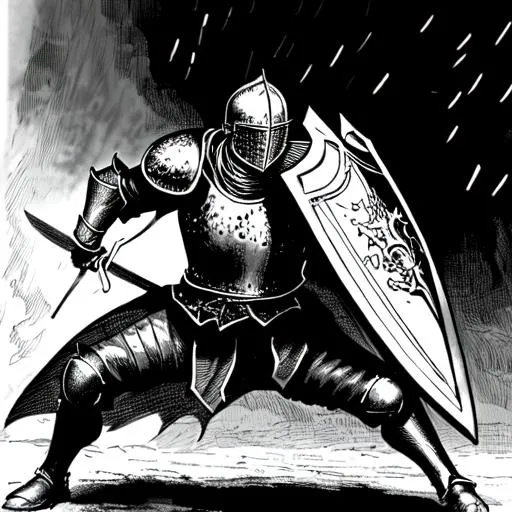 Comic art of a knight in dark armour defending a swo...