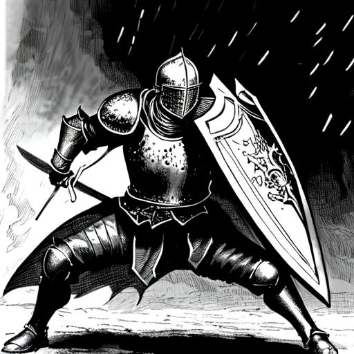 Comic art of a knight in dark armour defending a swo...