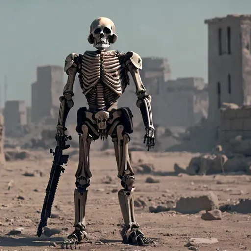 Dead skeletal WW2 Android lying against a wall in an... | OpenArt