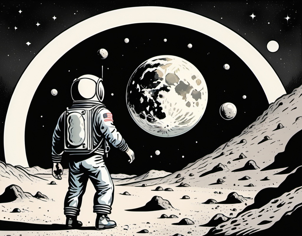 Comic strip. Panel depicts man on the moon. Pulp style.
