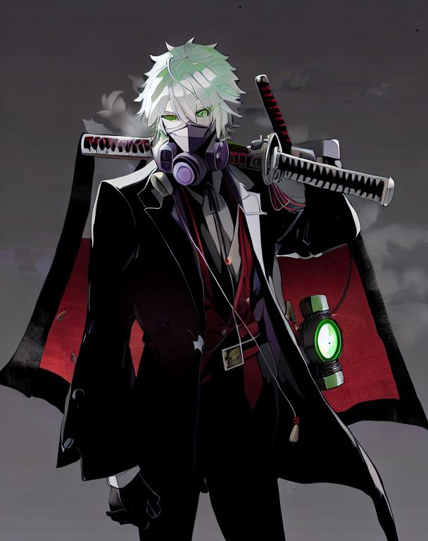 green eyes,white hair,wearing,purple colored gas mas...