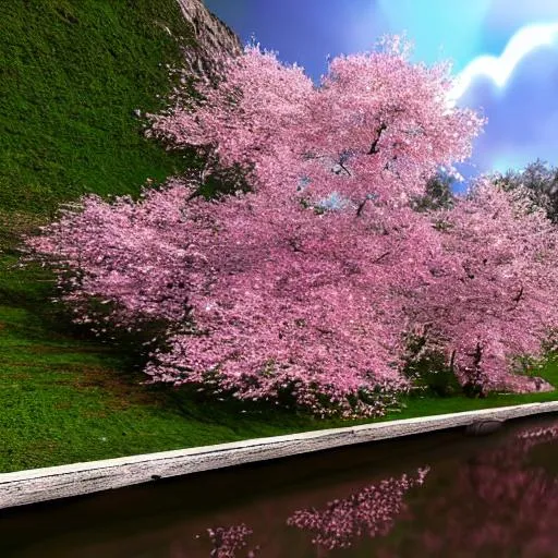 cherry blossom tree, beutiful, realistic, 8k, river