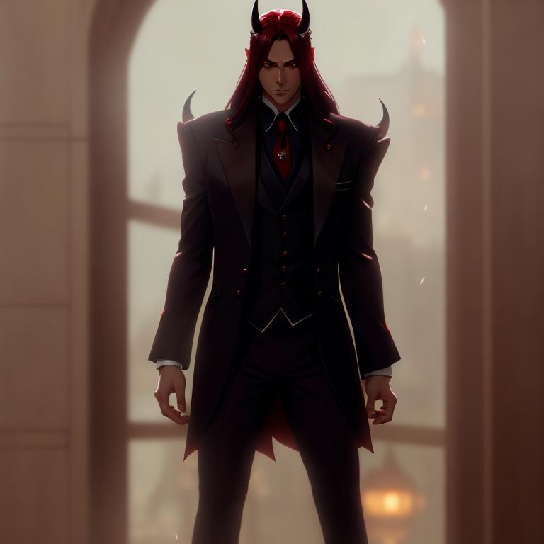 suit, costume, tie, devil, red skin, horns, male, sm... | OpenArt
