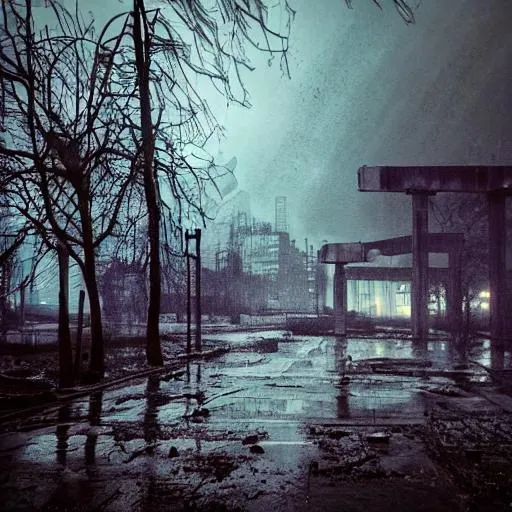 sorrow, dystopian, rain, trees, ruin, landscape, sto... | OpenArt