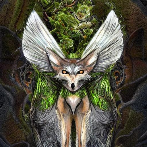insanely detailed symmetrical hybrid winged fox, mos...