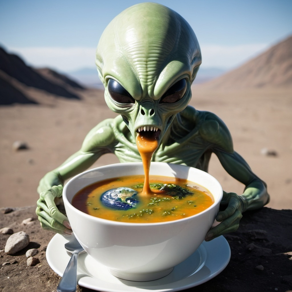 alien eating earth soup