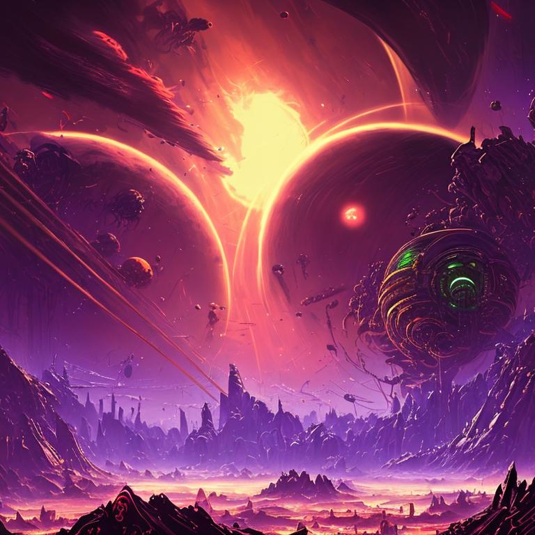 cyberpunk style purple,red,green alien world with a...