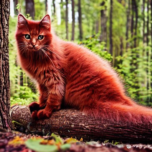 Realistic massive fluffy dark red russet cat in fore... | OpenArt