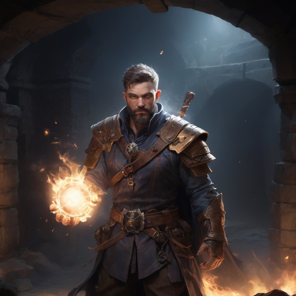 Male stocky large mature fit battle-mage with short-...