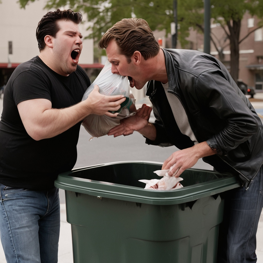 man eating out of trash bin while another greased up...