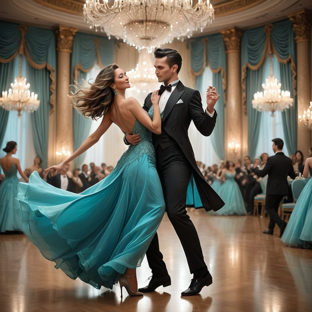 Amidst a lavish ballroom illuminated by sparkling ch...
