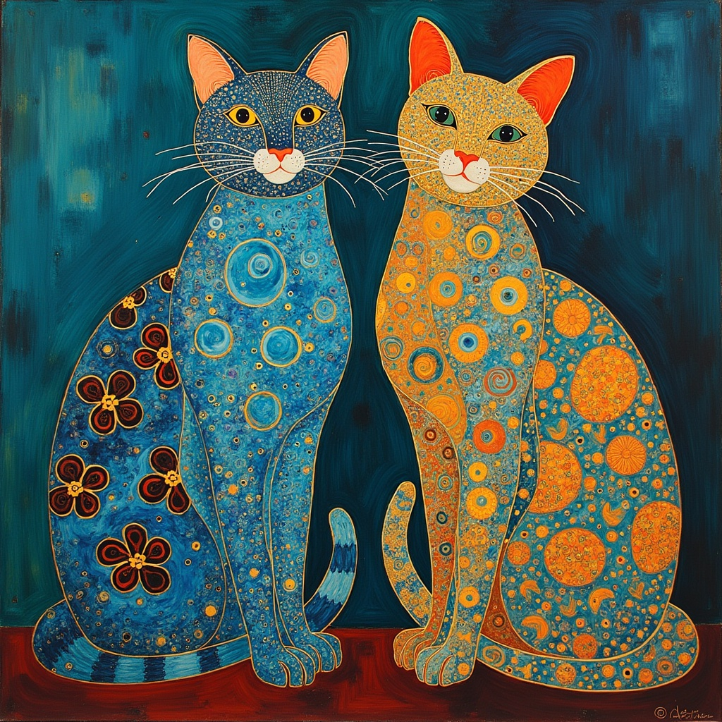 Gustav klimt, cats with geometric patterns, glowing,...