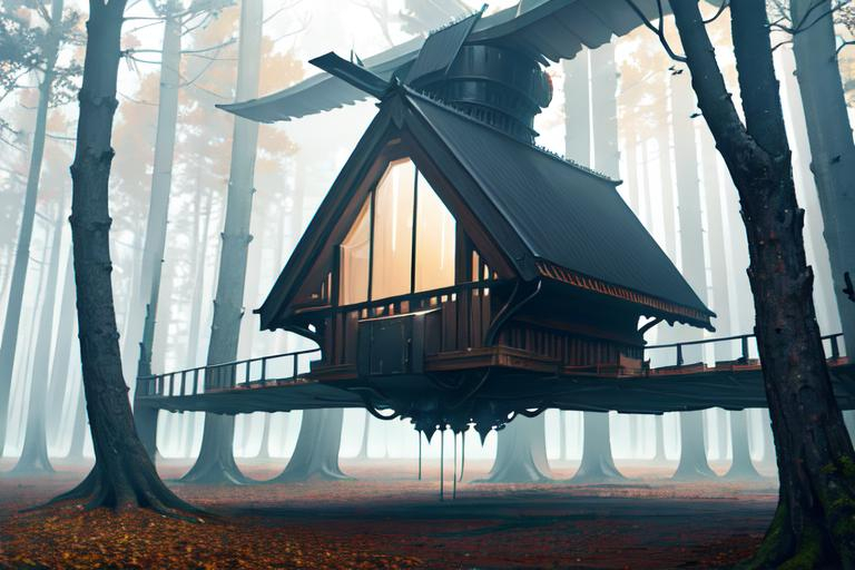 surreal concept art of a strange winged cabin flying...
