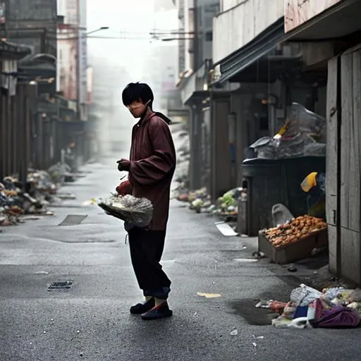 **a poor Japanese man wearing worn clothing collecti... | OpenArt
