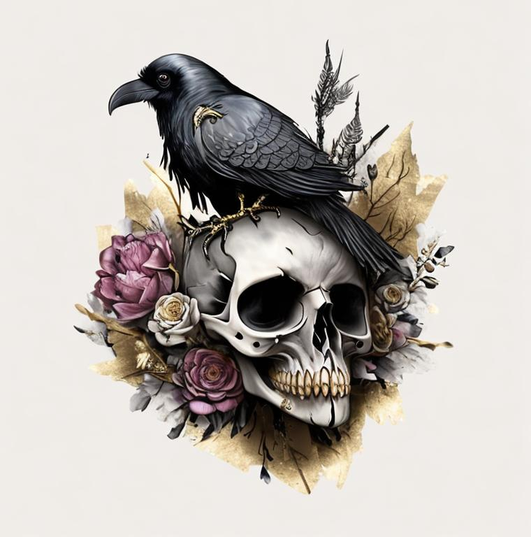 raven bird skull, with flowers and gold foil accents...