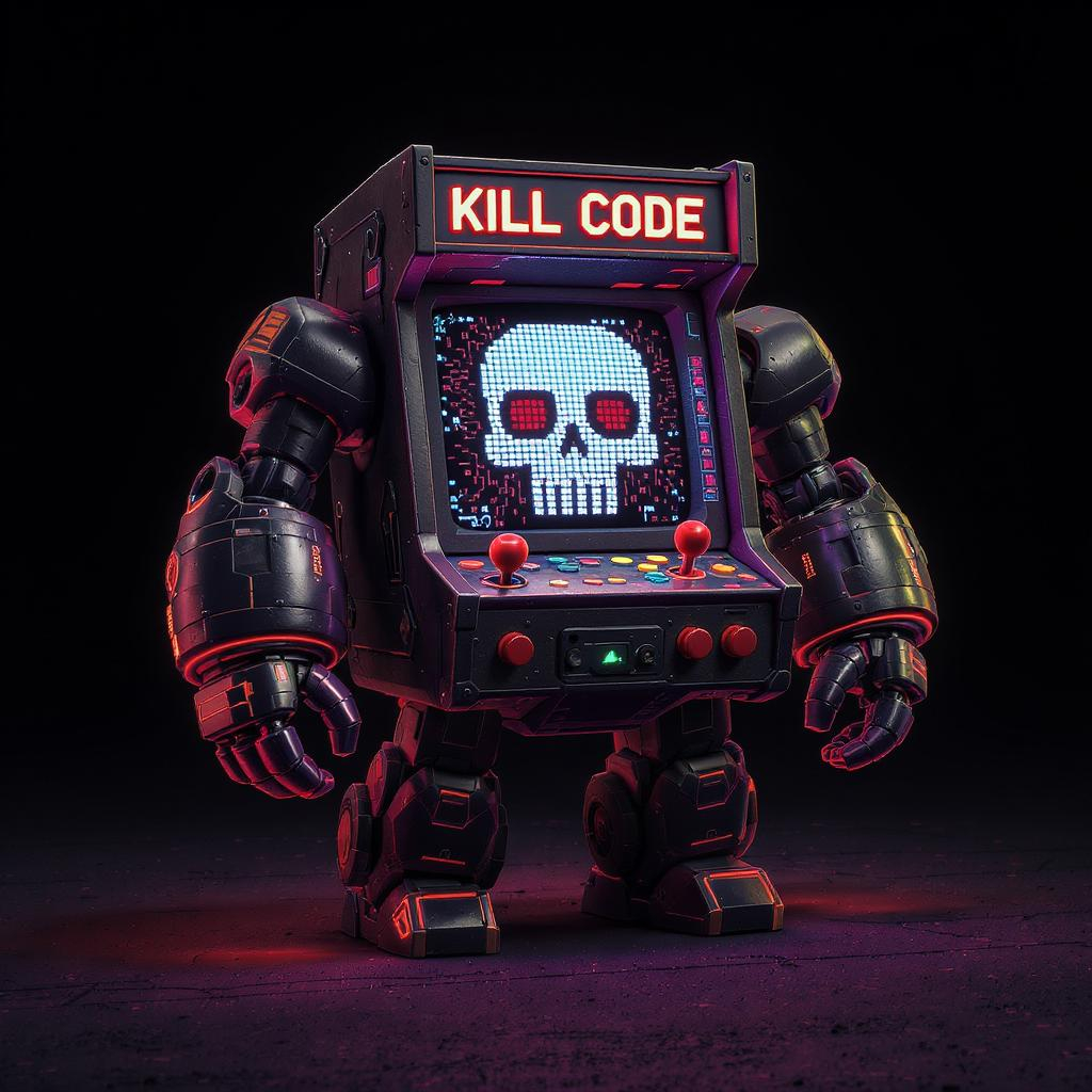 A robot with a arcade machine body,pixilated skull o...
