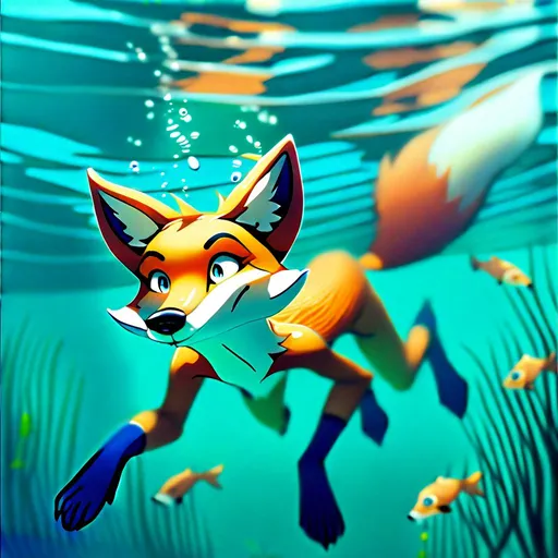 Anthro furry humanoid fox swimming underwater, full... | OpenArt