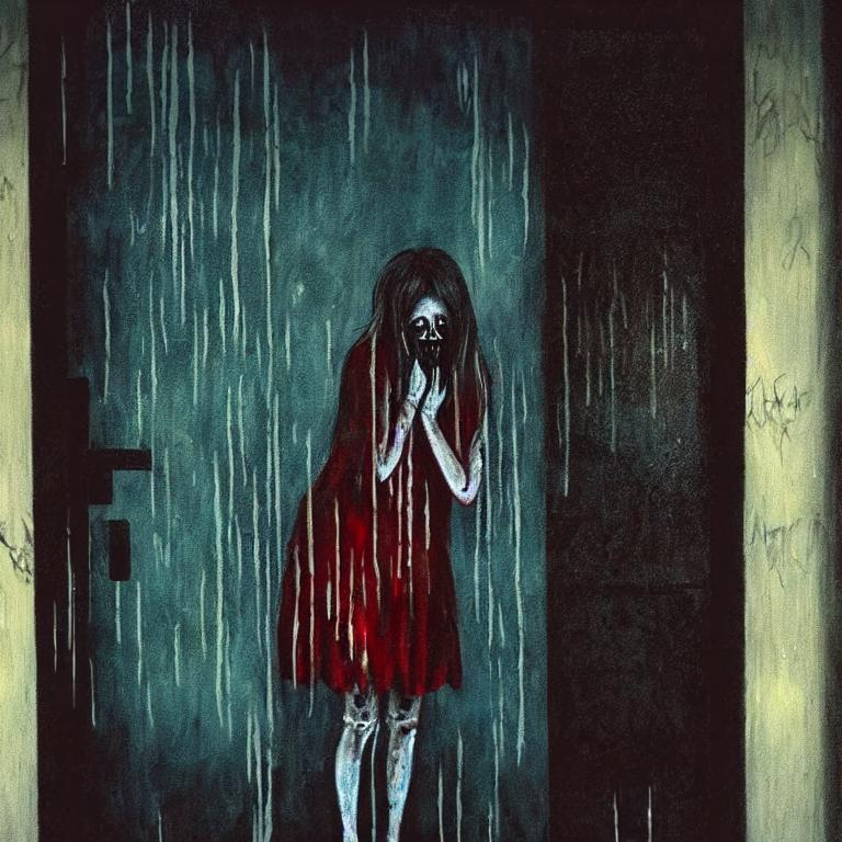 Paint a creepy scene with a girl crying in the rain... | OpenArt