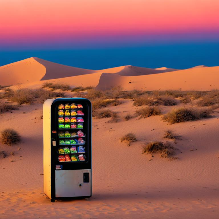 A Lo-fi vending machine on a large sand dune in the... | OpenArt