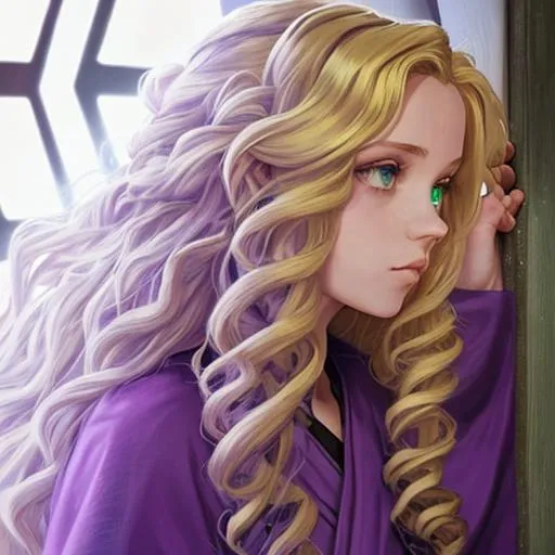 jedi girl with long, blonde, curly hair, purple clot...