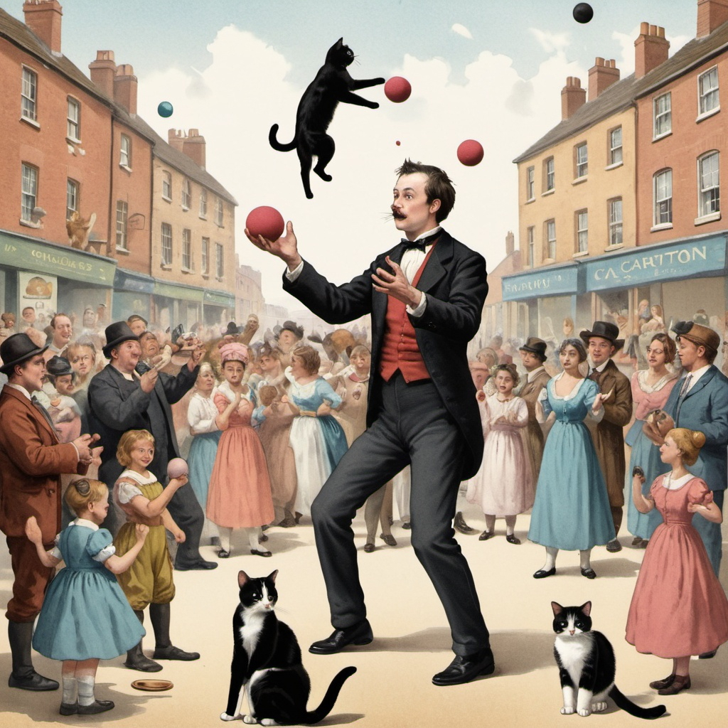 cartton scene of a man juggling a cat with stands fu...
