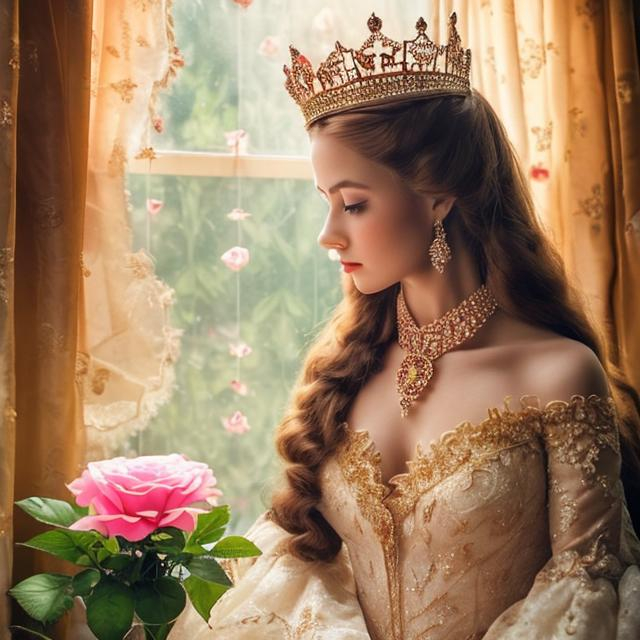 a beautiful queen sitting near the window. she wear...