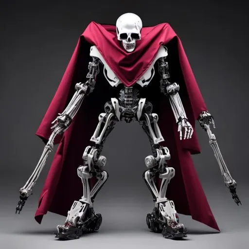 A robot with the design of a skeleton with a maroon...